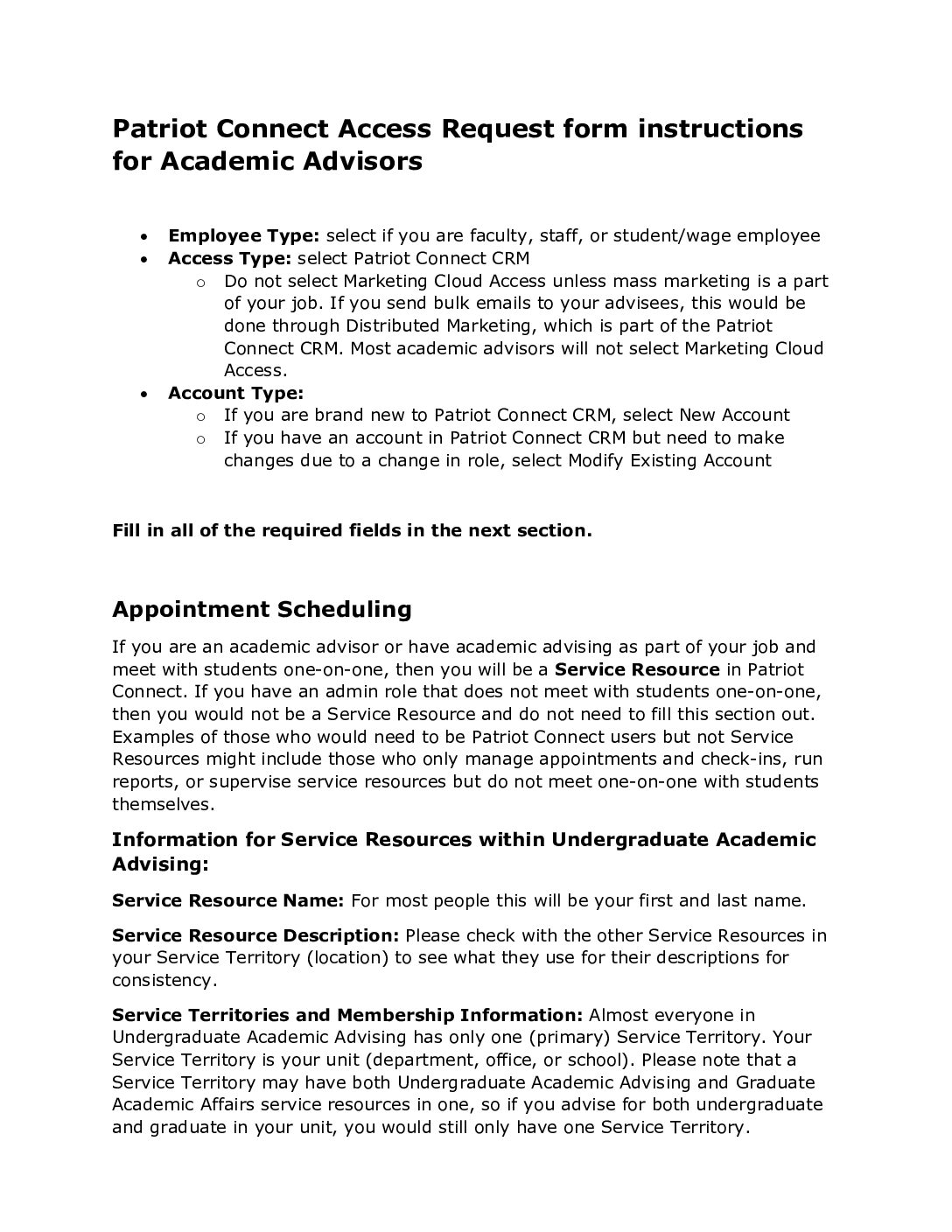Patriot Connect Access Request form instructions - Academic Advising